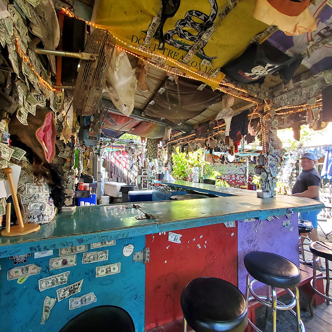 The bar's colorful exterior hints at the chaos within &ndash; a rainbow collision of materials that somehow forms a cohesive whole.