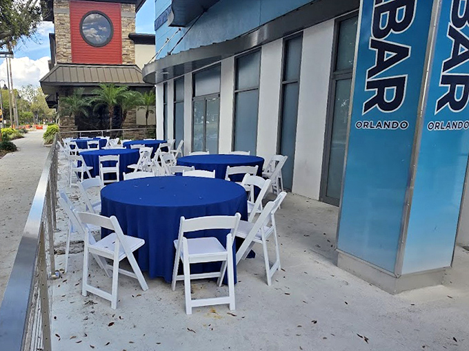 Outdoor seating provides a place to acclimate between the Florida heat and the arctic chill waiting inside.