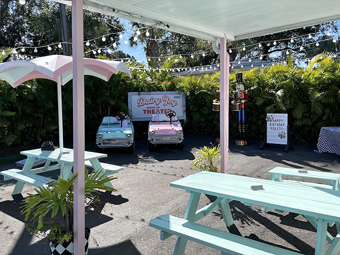 Outdoor dining at Dairy Joy isn't just eating—it's participating in a community tradition where strangers become friends united by brain freeze and sticky fingers.