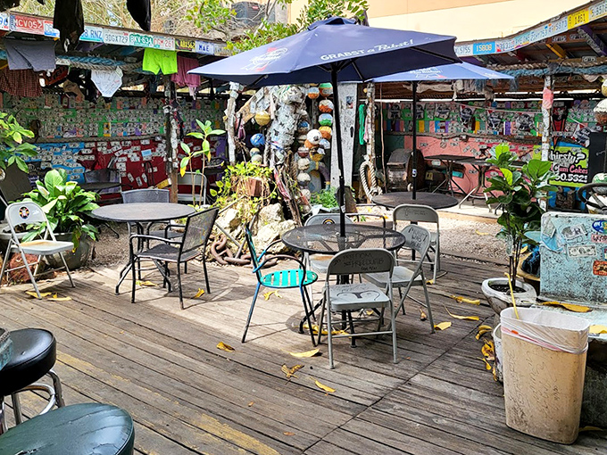 Outdoor tables invite lingering conversations under Florida skies, surrounded by the bar's ever-expanding collection of oddities.