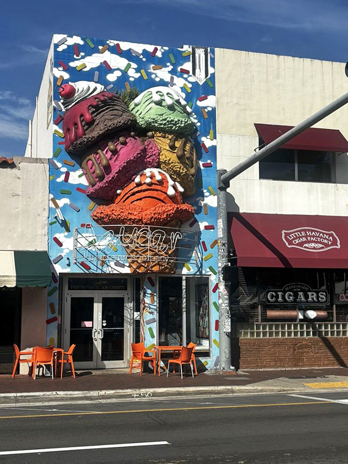 The outdoor patio with bright orange chairs provides the perfect spot to people-watch on Calle Ocho while racing against Miami's heat to finish your scoop.