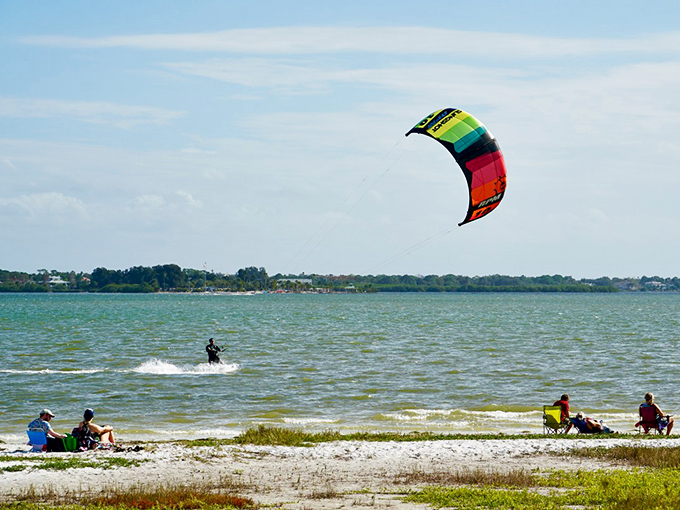 Kiteboarding enthusiasts harness Gulf breezes, creating a colorful aerial ballet against the blue Florida sky.