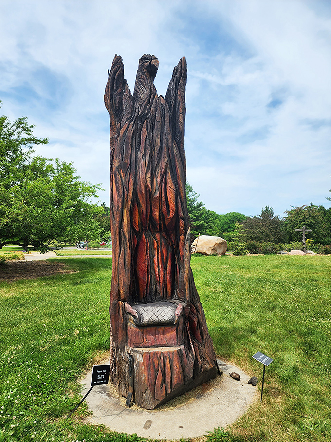 This throne-like chair carved from a single trunk invites weary wanderers to rest while imagining themselves as rulers of the forest.