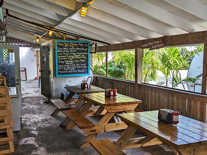 Picnic tables under shelter from the sun, where lunch easily stretches into dinner when you're on island time.