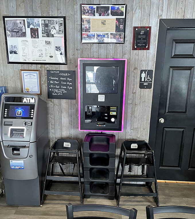Restaurant Amenities: The practical corner with ATM and high chairs tells the full story &ndash; this place welcomes everyone from cash-carrying seniors to sauce-covered toddlers.