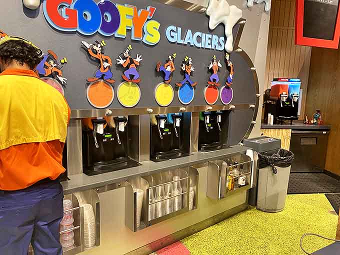 Goofy's Glaciers station &ndash; where frozen dreams come in six vibrant flavors and brain freeze is a badge of honor.
