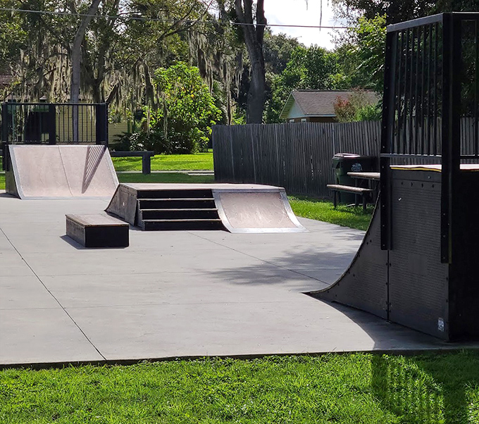 Smooth concrete ramps and rails create a skater's paradise, adding urban flair to this otherwise nature-focused community space.