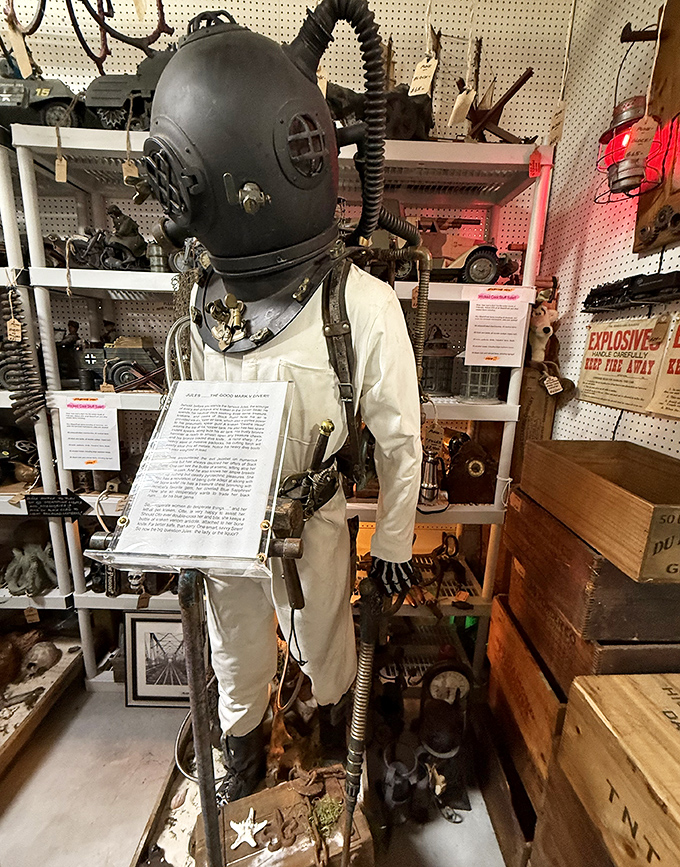 The vintage diving suit stands sentinel, a testament to human courage and the mysterious depths that once required such cumbersome protection.