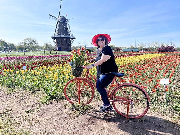Visitor: Capturing the joy of exploration as a guest collects tulips while cycling through the garden's magnificent blooms.