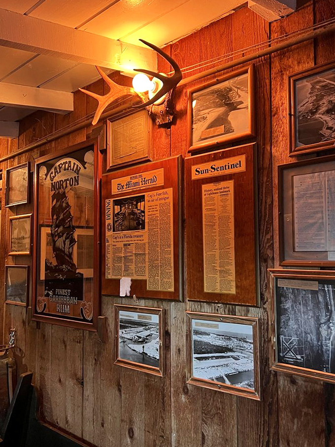 Wall decorations that double as a maritime history lesson &ndash; each yellowed newspaper clipping and vintage photo adding to Cap's authentic charm.
