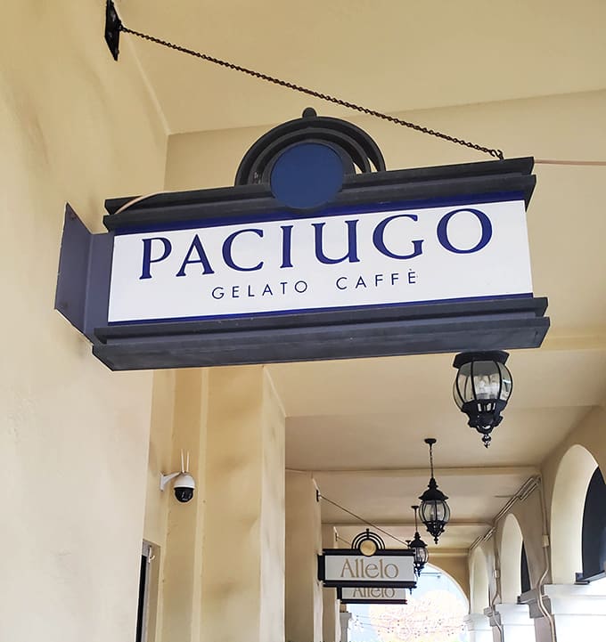 The sophisticated Paciugo sign promises authentic Italian gelato in the heart of St. Petersburg.