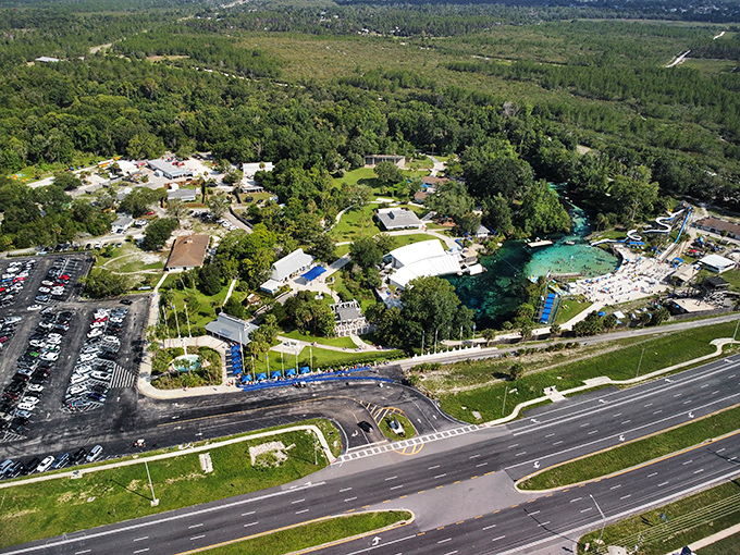 This aerial view reveals how Weeki Wachee Springs State Park blends natural Florida beauty with vintage roadside attraction charm just off the main highway.