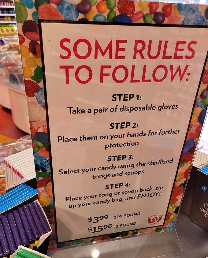 Candy Store Rules and Pricing: The sacred commandments of bulk candy selection &ndash; gloves on, tongs ready, restraint optional at $3.99 per quarter pound.
