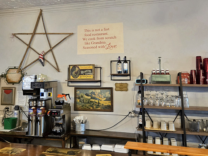 The coffee station's handwritten sign says it all: "This is not a fast food restaurant. We cook from scratch like Grandma. Seasoned with Love."
