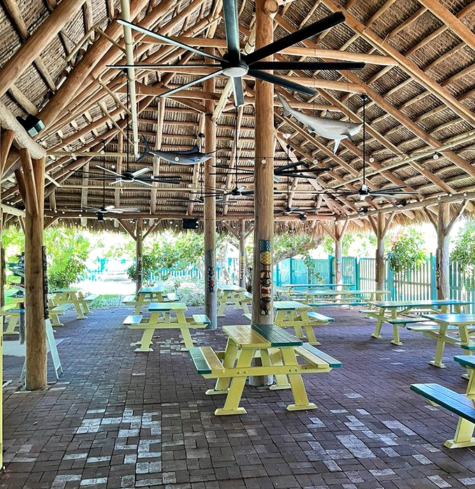 Dining Patio: A tiki-topped oasis offering fresh air and respite from the dollar-bill intensity inside &ndash; island dining at its most relaxed.