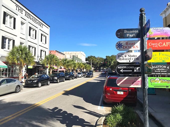 Beyond the spider, Mount Dora's charming downtown awaits with its brick-lined streets, antique shops, and lakeside views.