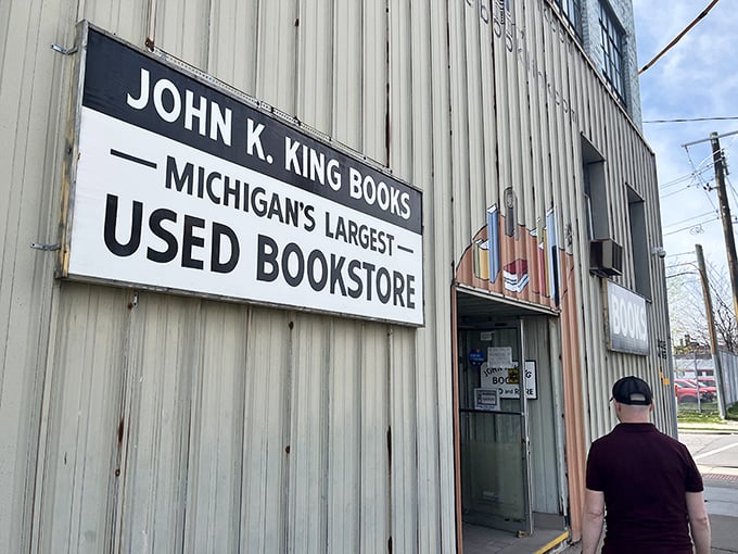 The no-nonsense signage announces Michigan's largest used bookstore with understated pride, a beacon for bibliophiles throughout the Midwest.