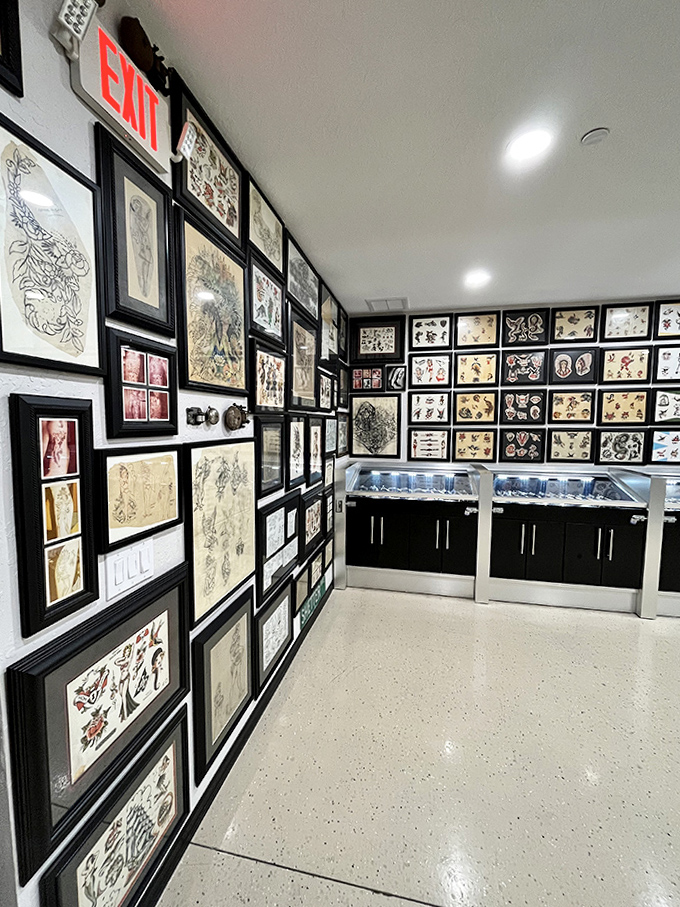 Floor-to-ceiling flash sheets transform ordinary walls into a timeline of American visual culture and symbolism.