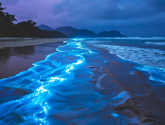 The shoreline transforms into a ribbon of blue fire, making midnight beach walks feel like strolling through an alien landscape.