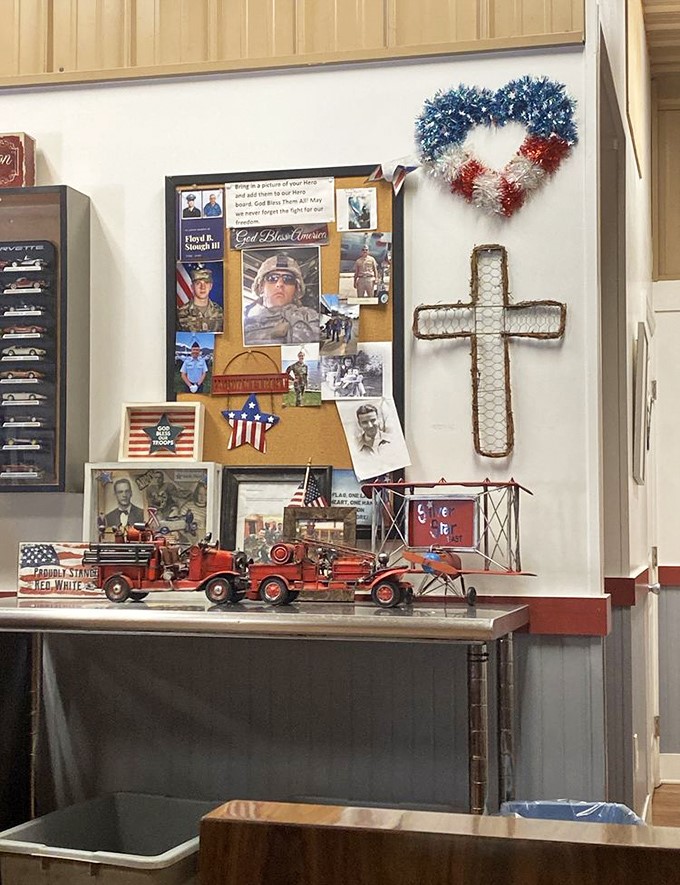This corner honors local heroes with touching tributes, vintage fire trucks, and patriotic symbols &ndash; a heartfelt community memorial within the restaurant.