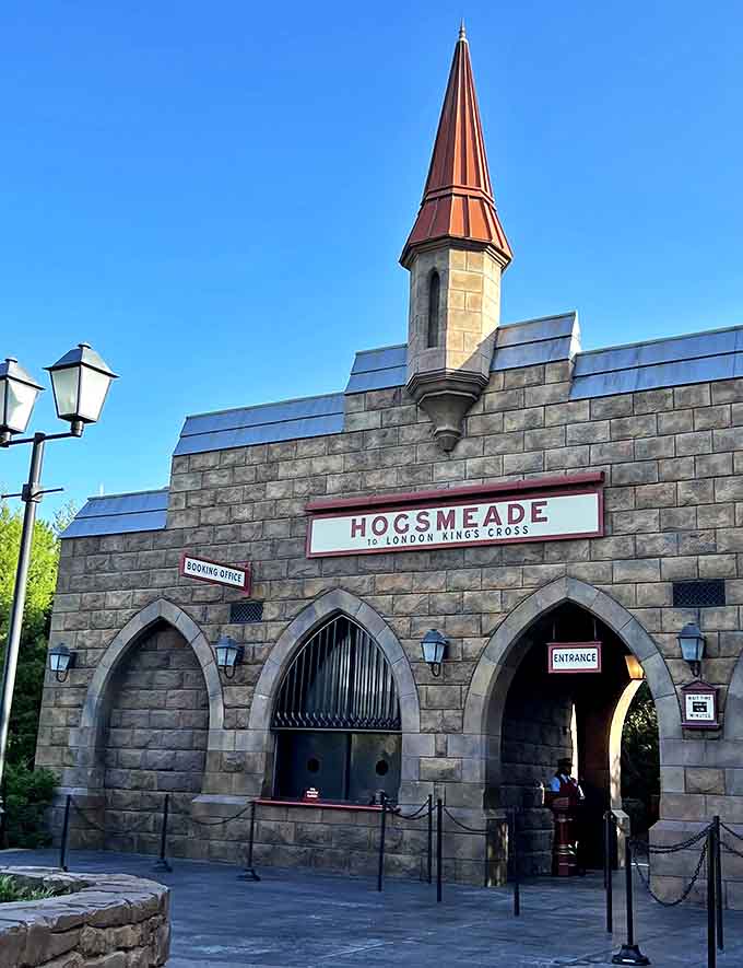 Hogsmeade station welcomes visitors with stone arches and that familiar sign, the first hint that you've left muggle Orlando behind.
