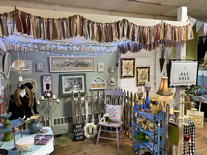 The "She Shed" section offers a feminine retreat among the antiques, where vintage fabrics and delicate decor items create a nostalgic sanctuary.