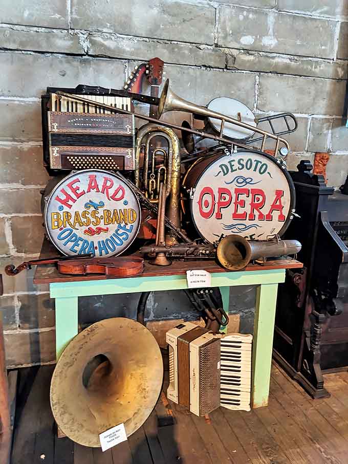 Musical instruments from bygone eras remind us that this opera house was built for sound and spectacle.