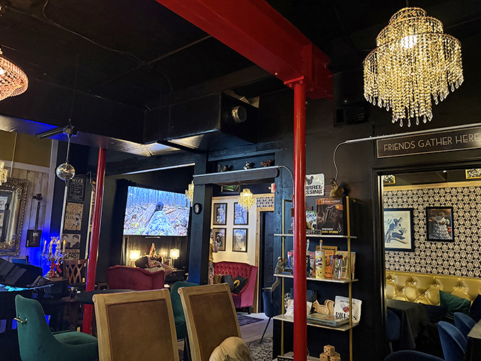 "Friends Gather Here" isn't just a sign&mdash;it's the unofficial motto of this chandelier-lit haven for bibliophiles and cocktail enthusiasts.