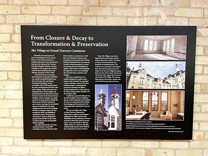 A visual timeline chronicles the remarkable journey from psychiatric facility to shopping destination – preserving institutional memory while celebrating creative transformation.