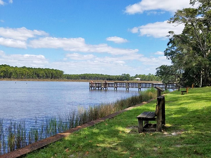 The tranquil lakeside view offers a moment of reflection, where water meets sky in a seamless blend of blues.