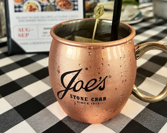 The signature Moscow Mule arrives in a proper copper mug bearing Joe's logo &ndash; frosty, refreshing, and strong enough to complement those rich seafood flavors.