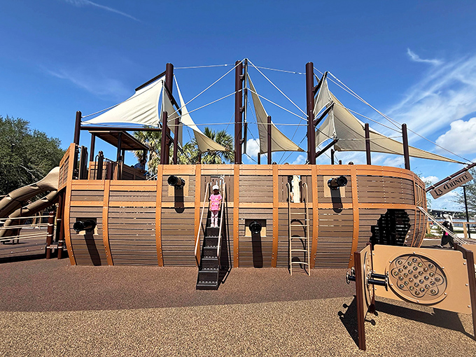 St. Johns River Park's ship-themed playground delights young adventurers, offering family fun just steps away from the famous fountain.