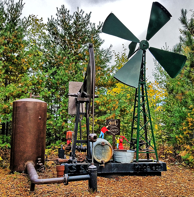 This detailed oil pump installation pays homage to American industrial heritage while demonstrating the artistic potential in functional machinery.