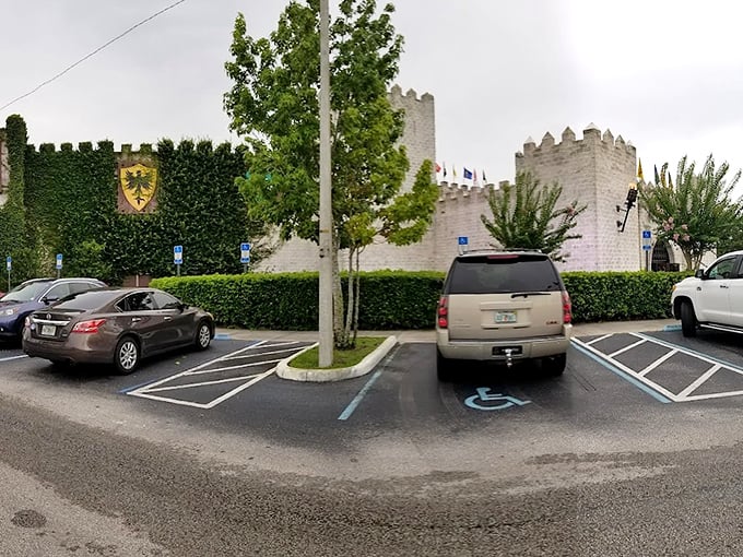 Parking Area: Even the parking lot maintains the medieval illusion, with castle walls and heraldic shields greeting modern chariots.