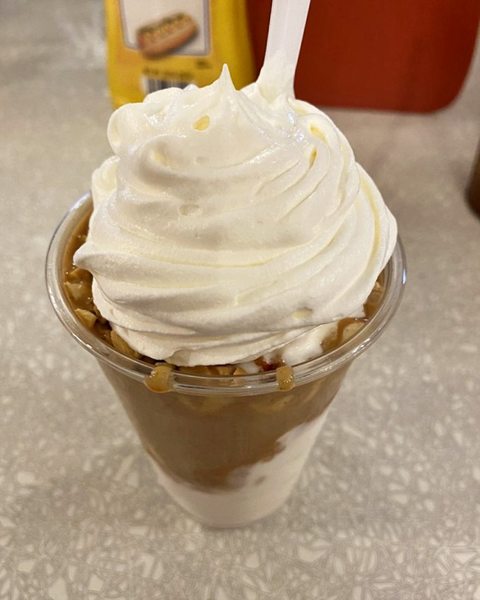 A peanut butter sundae that makes you wonder why you ever waste calories on anything else. That perfect swirl of soft serve is practically posing for the camera.