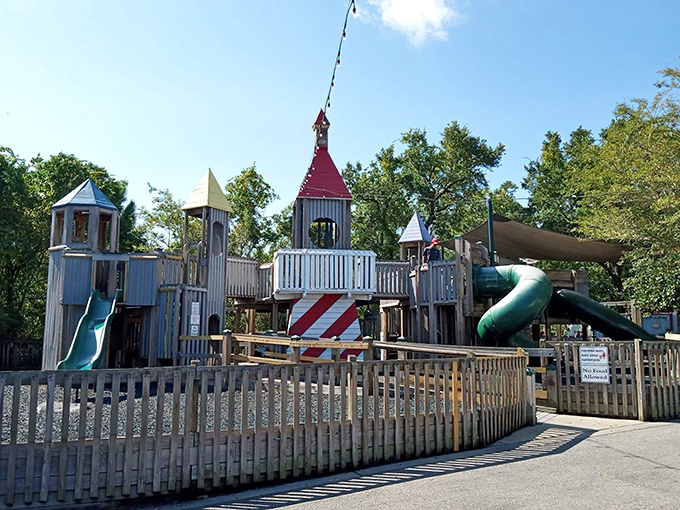 This storybook playground looks so inviting that parents often find themselves "helping" their children navigate slides they secretly wanted to try themselves.