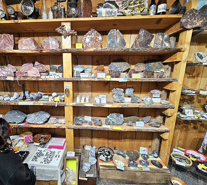 The rock shop portion of Da Yoopers features an impressive collection of local minerals and stones, adding educational value to an otherwise delightfully ridiculous attraction.