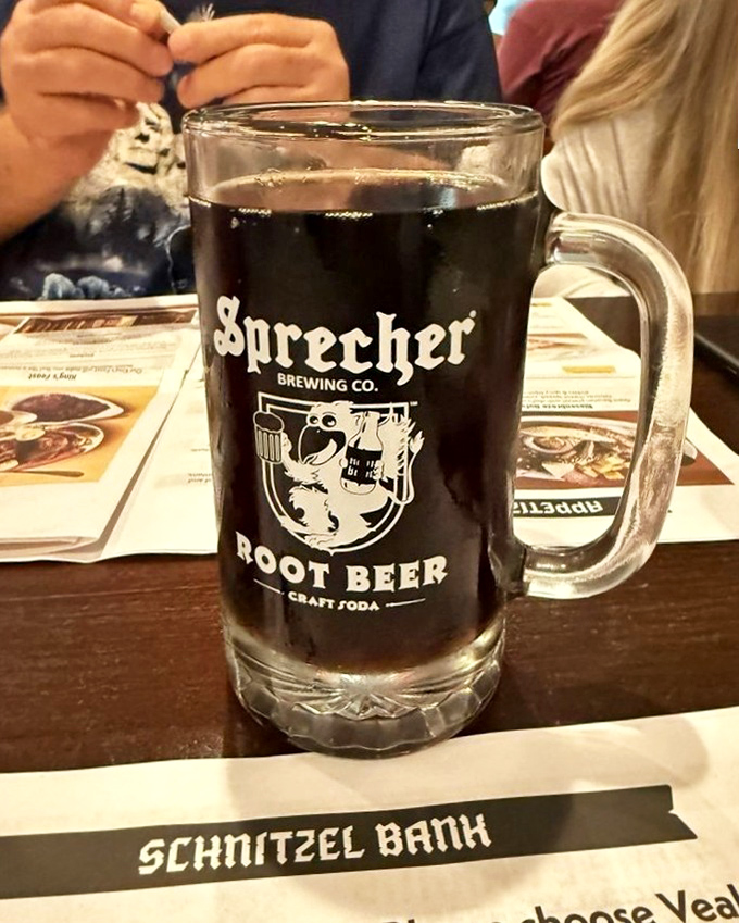 Sprecher root beer in a proper mug – proving that sometimes the best German experience comes without the alcohol (but with plenty of foam).