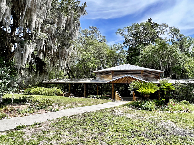This rustic pavilion offers welcome shade after exploring the ravines, its weathered wood and metal roof blending harmoniously with the natural surroundings.