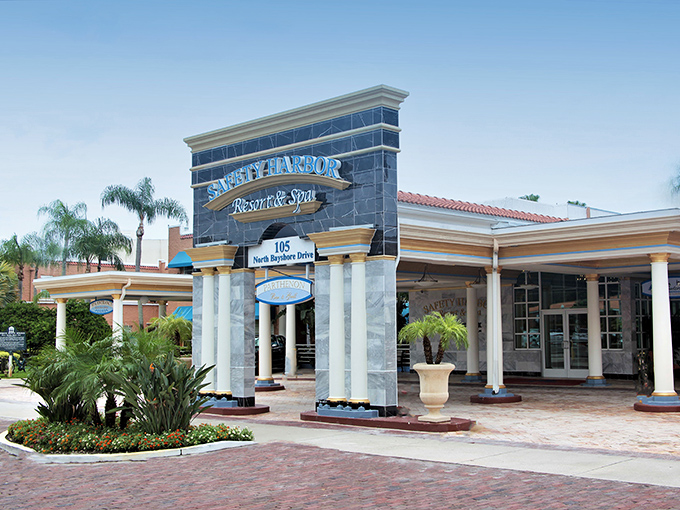 Grand columns welcome visitors to the historic Safety Harbor Resort and Spa, where mineral springs have drawn wellness-seekers for generations.