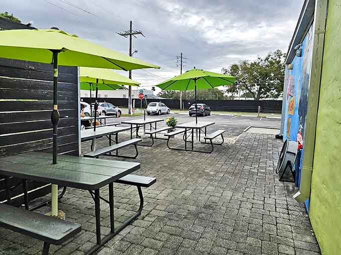 The outdoor patio &ndash; where bright green umbrellas shield you from the Florida sun while you contemplate ordering seconds or thirds.