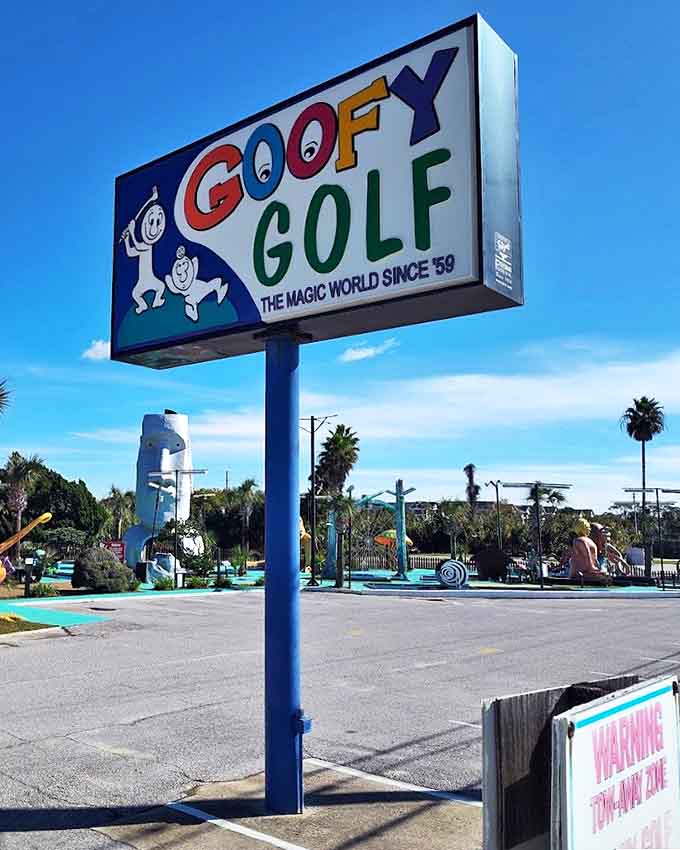 The vintage sign has welcomed families since 1959, its retro charm perfectly capturing the timeless appeal of this beloved Panama City Beach institution.