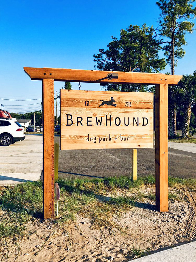 The rustic wooden sign announces your arrival at dog paradise, where both canines and their humans find their happy place.