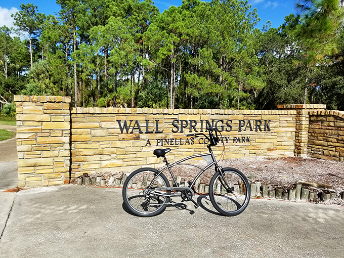 The Wall Springs Park entrance sign welcomes adventurers&mdash;your bicycle is clearly ready for exploration.