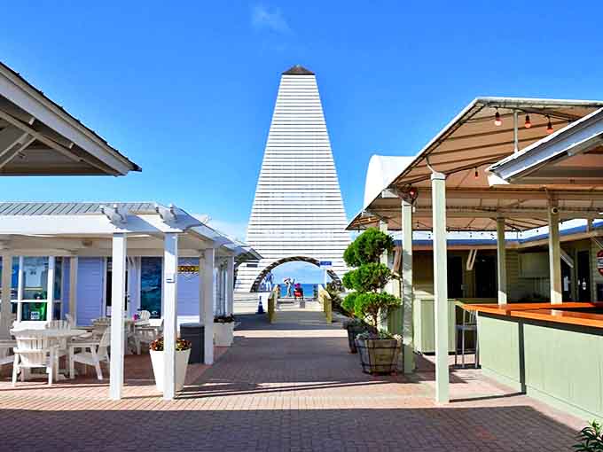 Seaside's distinctive white tower creates a perfect frame for Gulf views, an architectural exclamation point announcing "you've arrived somewhere special!"