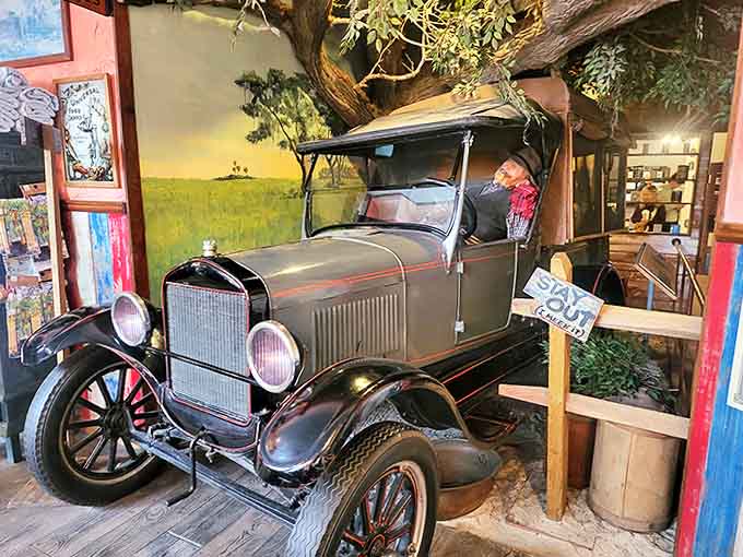 This lovingly preserved Model T sits in a diorama, representing the changing world outside while inmates remain locked in a timeless environment.