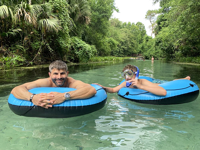 "Look, Ma, no paddling required!" The spring's gentle current does all the work while visitors focus on the important task of complete relaxation.