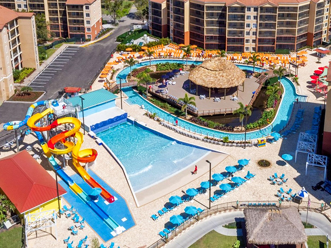 An aerial view reveals Treasure Cove's masterful design, where every splash zone and lazy river creates a symphony of aquatic entertainment.