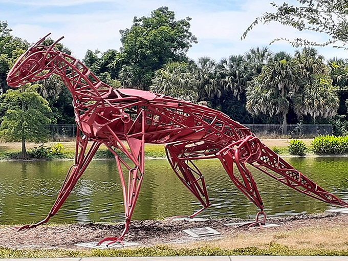 This vibrant red sculpture demonstrates how art can be both playful and profound, its geometric form suggesting motion even in stillness.