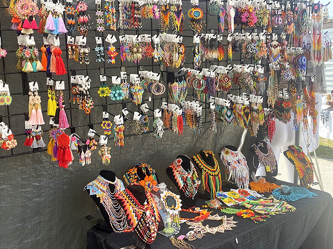 A kaleidoscope of handcrafted jewelry where every color of the rainbow dangles, waiting to become someone's new favorite accessory.